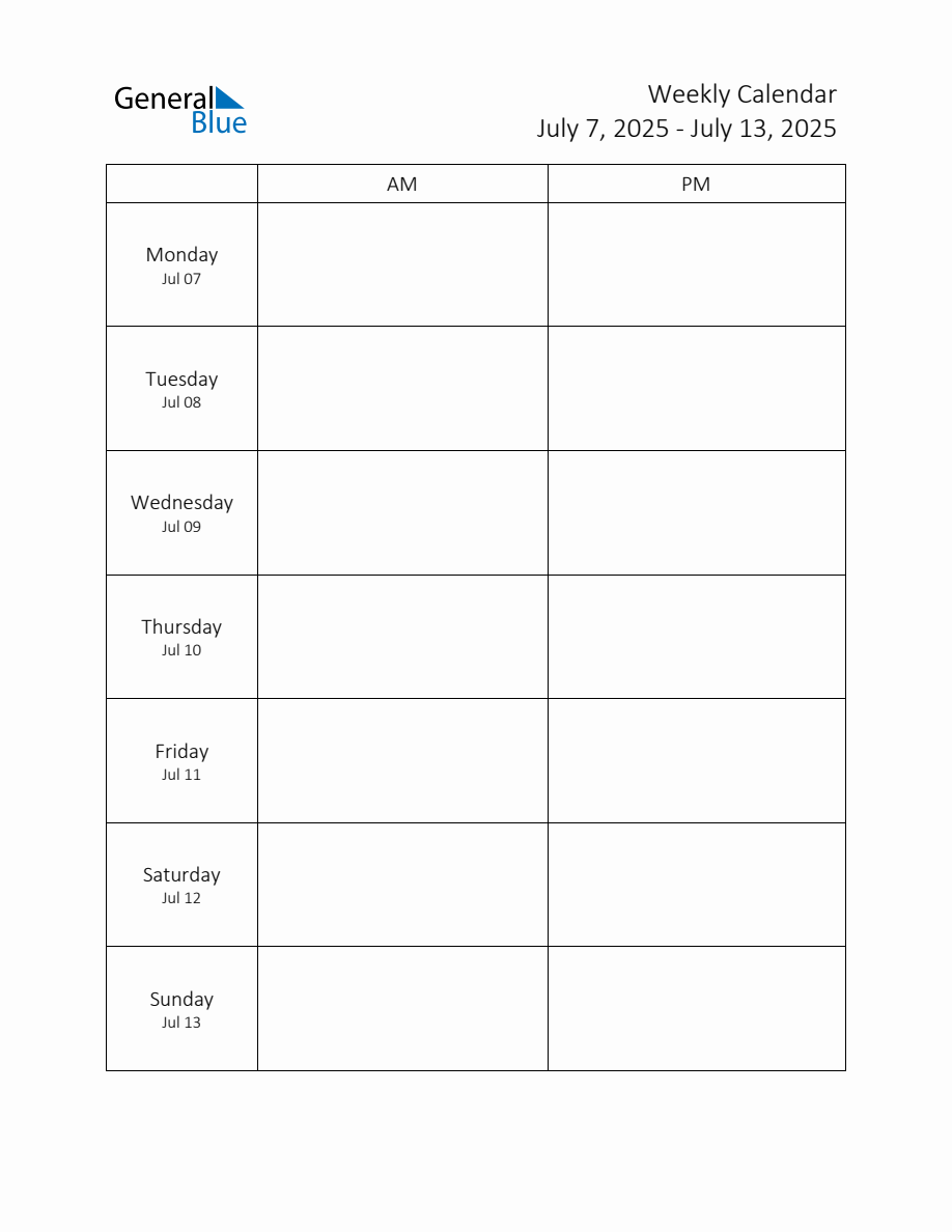 Printable Weekly AM-PM Schedule Template - Week 28 of 2025 (Jul 7 to ...