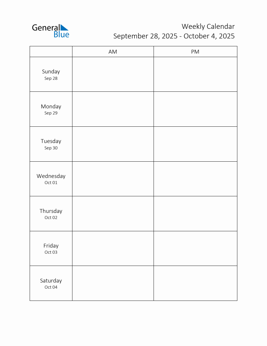 Printable Weekly AM-PM Schedule Template - Week 40 of 2025 (Sep 28 to ...