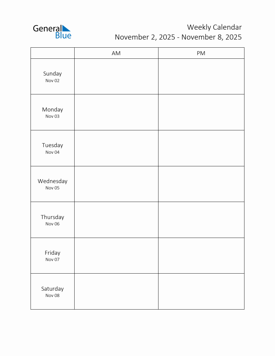 Printable Weekly AM-PM Schedule Template - Week 45 of 2025 (Nov 2 to Nov 8)