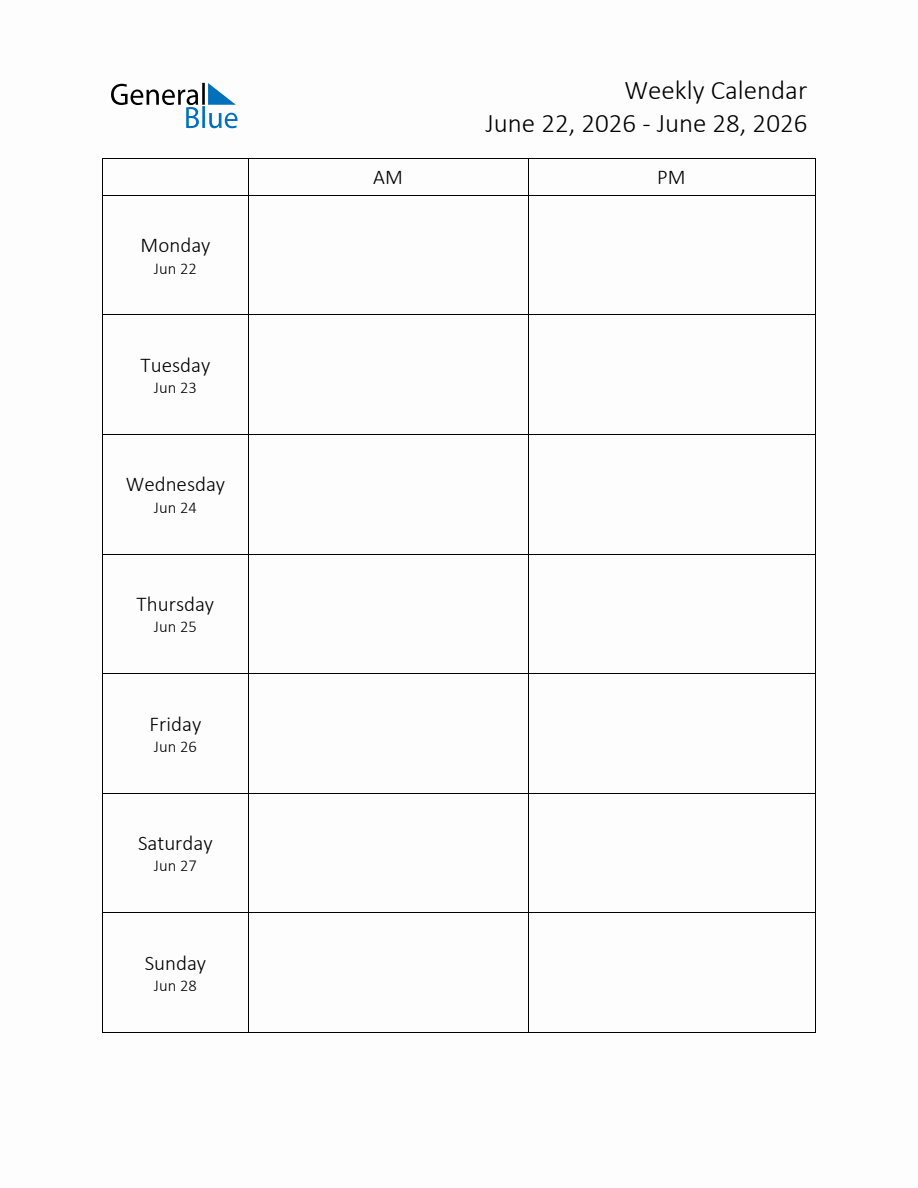 Printable Weekly AM-PM Schedule Template - Week 26 of 2026 (Jun 22 to ...