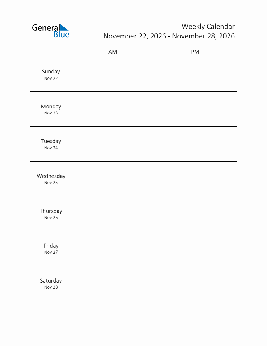 Printable Weekly AM-PM Schedule Template - Week 48 of 2026 (Nov 22 to ...