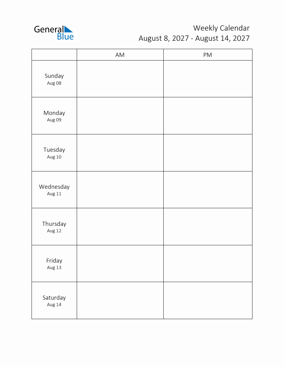 Printable Weekly AM-PM Schedule Template - Week 33 of 2027 (Aug 8 to ...