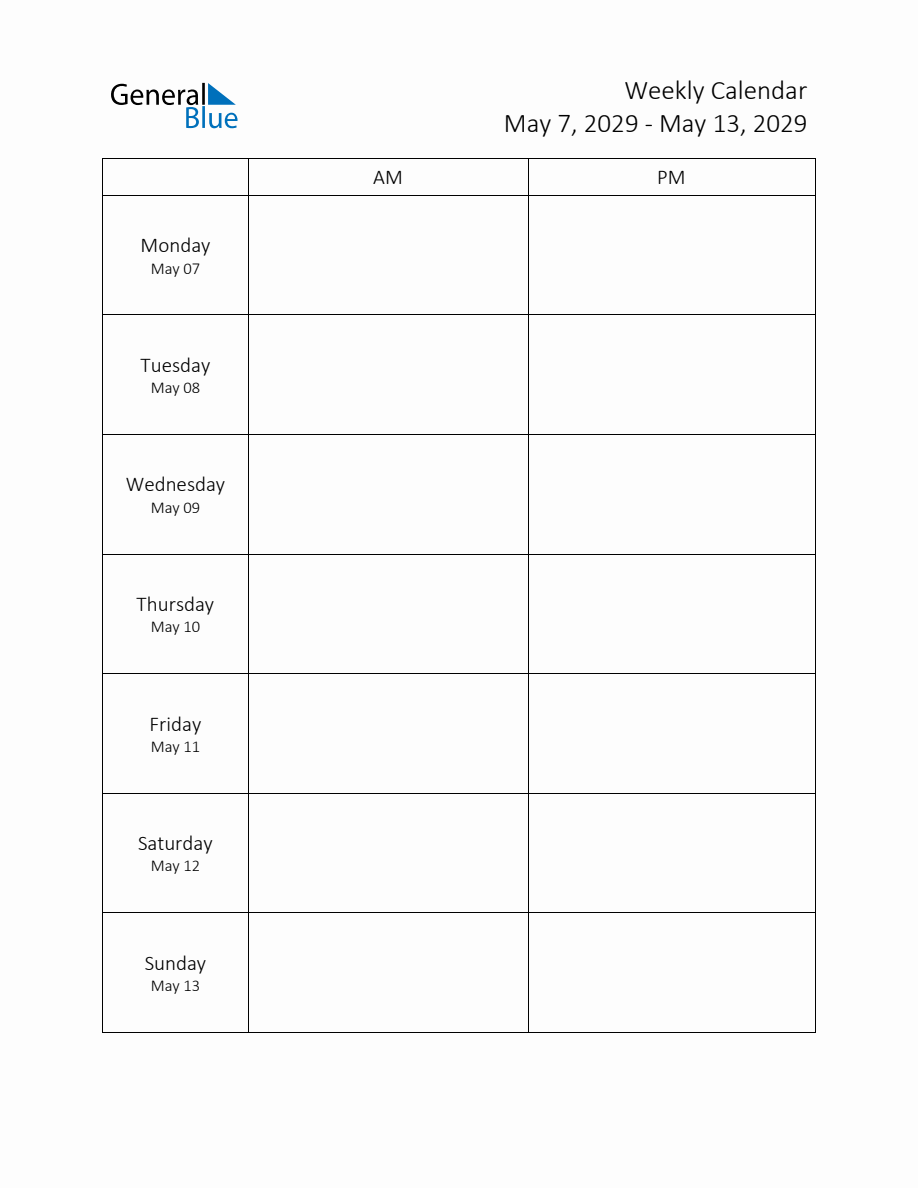 Printable Weekly AM-PM Schedule Template - Week 19 of 2029 (May 7 to ...