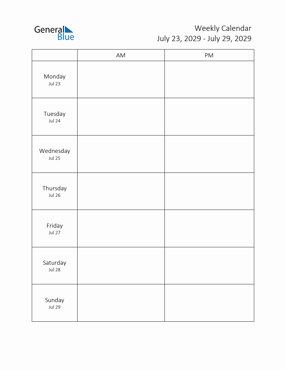 Printable Weekly AM-PM Schedule Template - Week 30 of 2029 (Jul 23 to ...