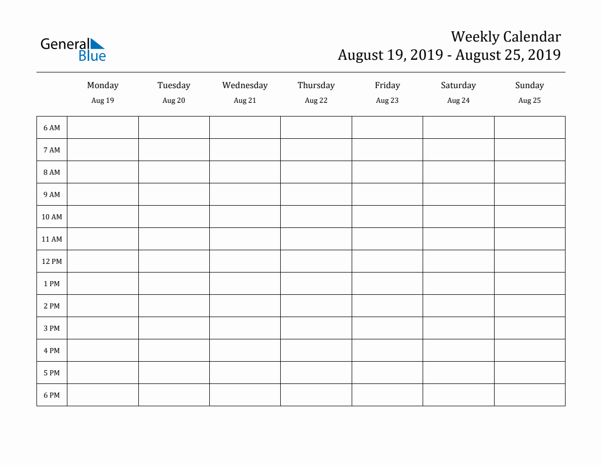 Hourly Planner Template for the Week of August 19, 2019