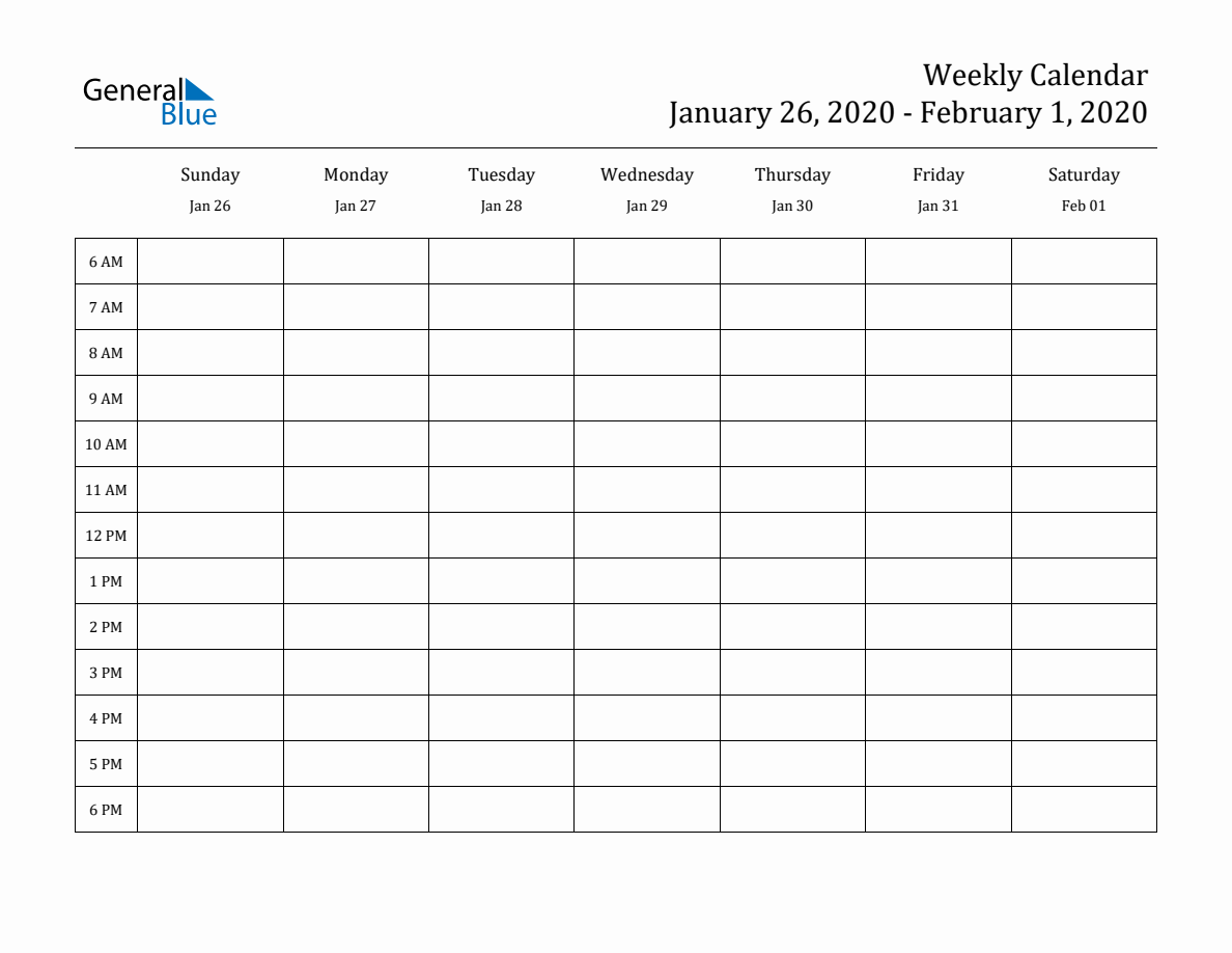 Weekly Calendar - January 26, 2020 to February 1, 2020 - (PDF, Word, Excel)