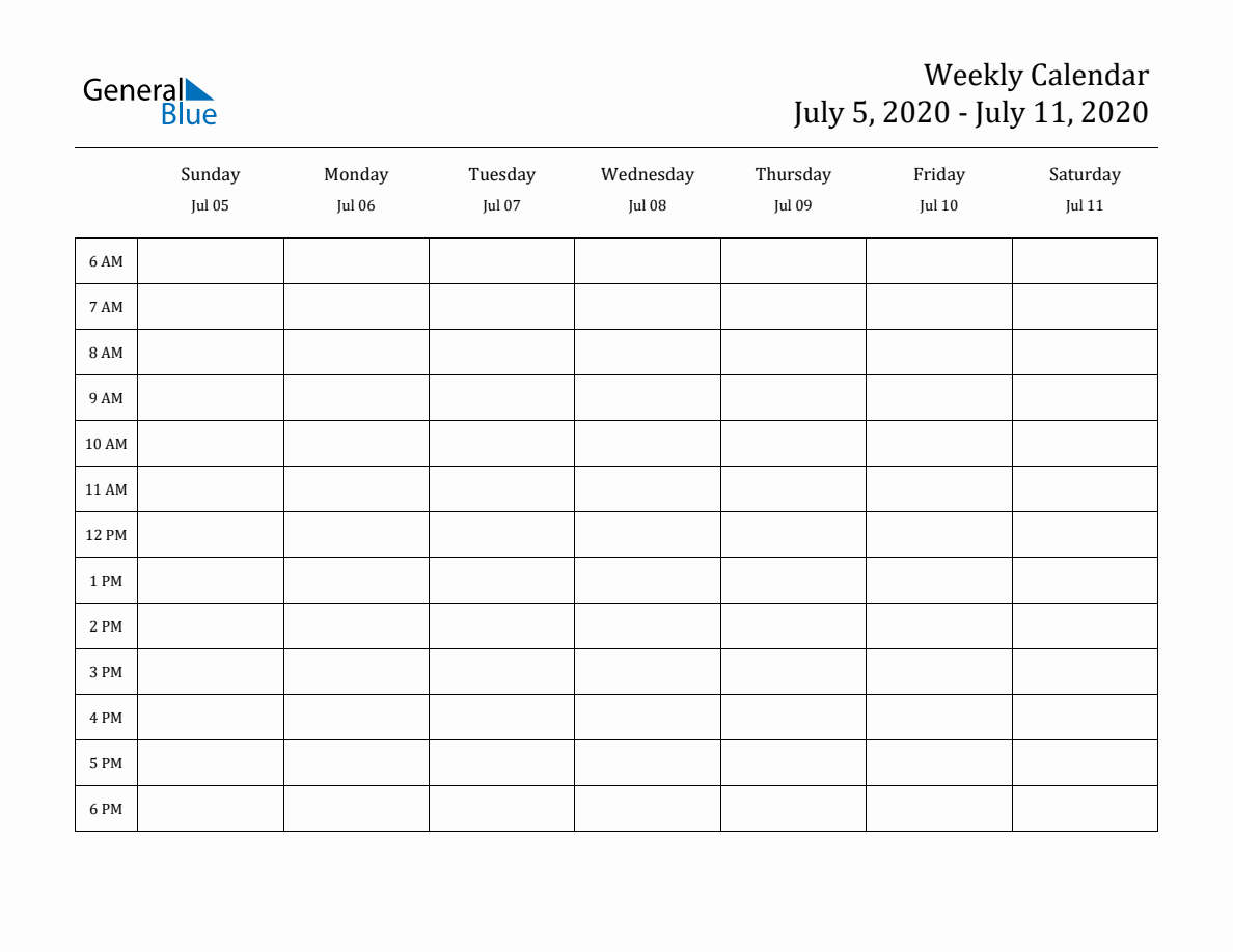 Weekly Calendar - July 5, 2020 to July 11, 2020 - (PDF, Word, Excel)