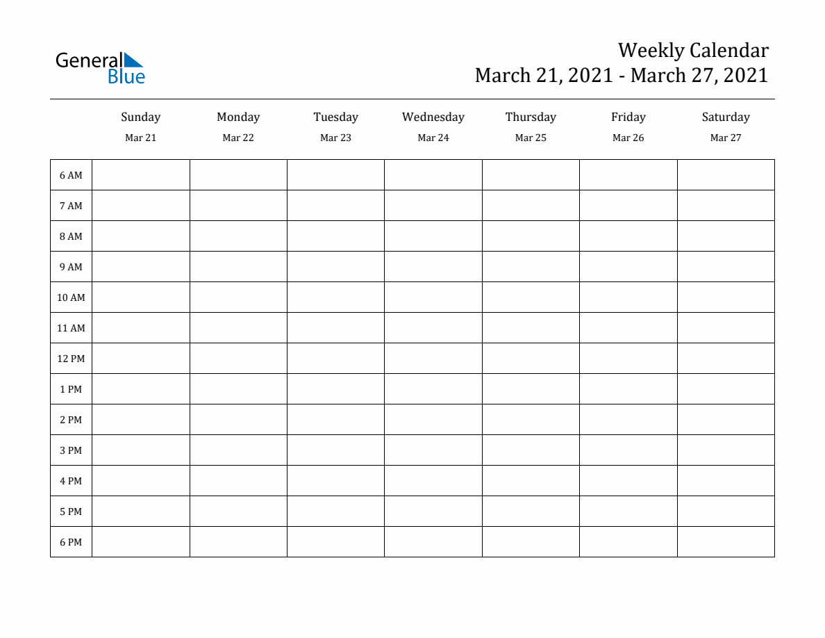 Weekly Calendar - March 21, 2021 to March 27, 2021 - (PDF, Word, Excel)