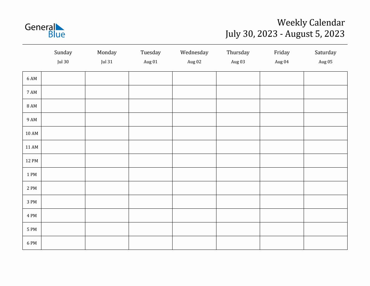 Weekly Calendar - July 30, 2023 to August 5, 2023 - (PDF, Word, Excel)