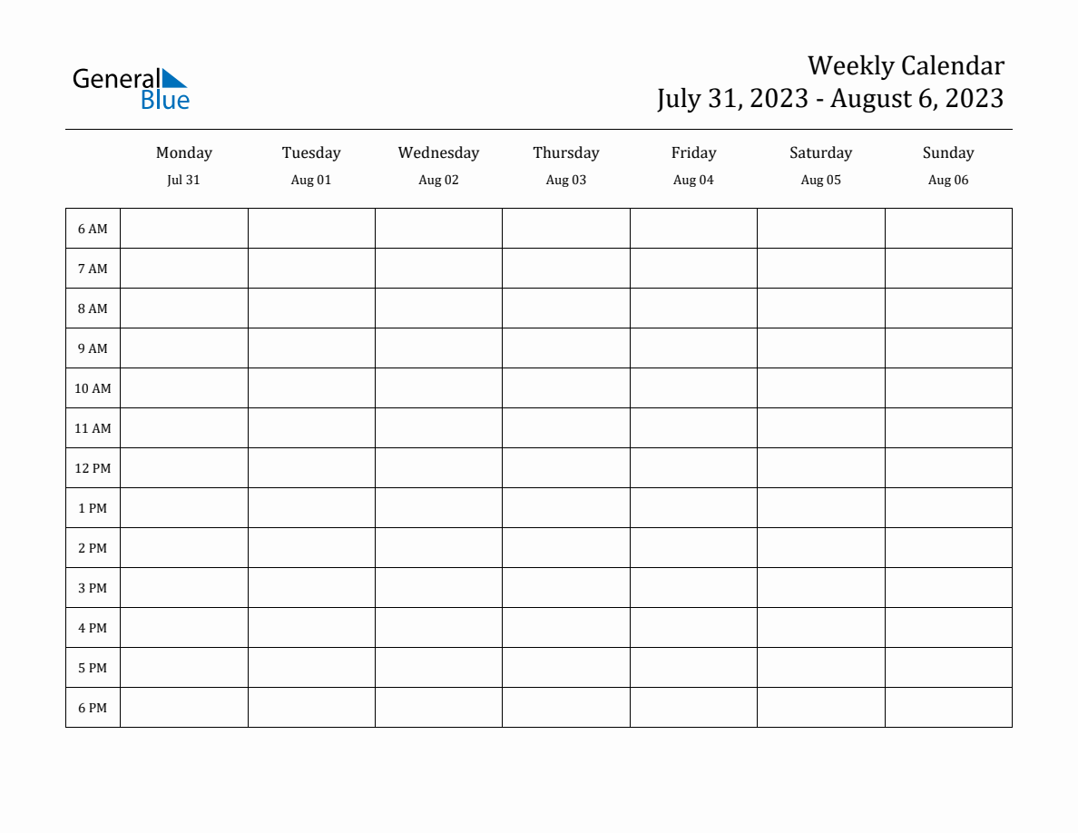 Hourly Planner Template for the Week of July 31, 2023