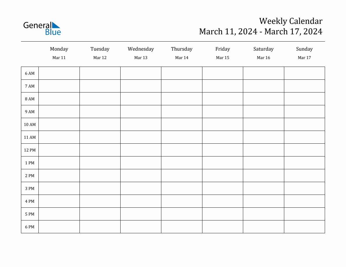 Hourly Planner Template for the Week of March 11, 2024