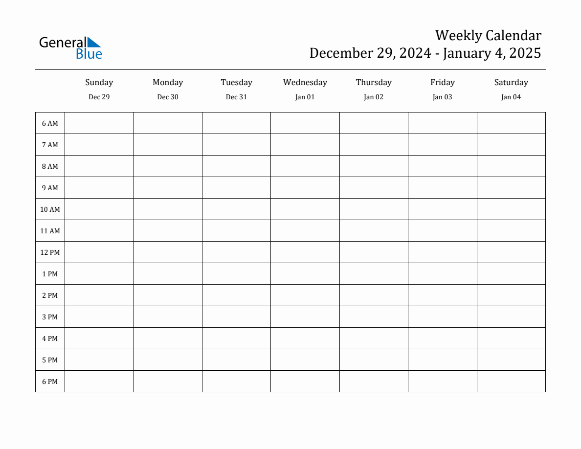 Hourly Planner Template for the Week of December 29, 2024