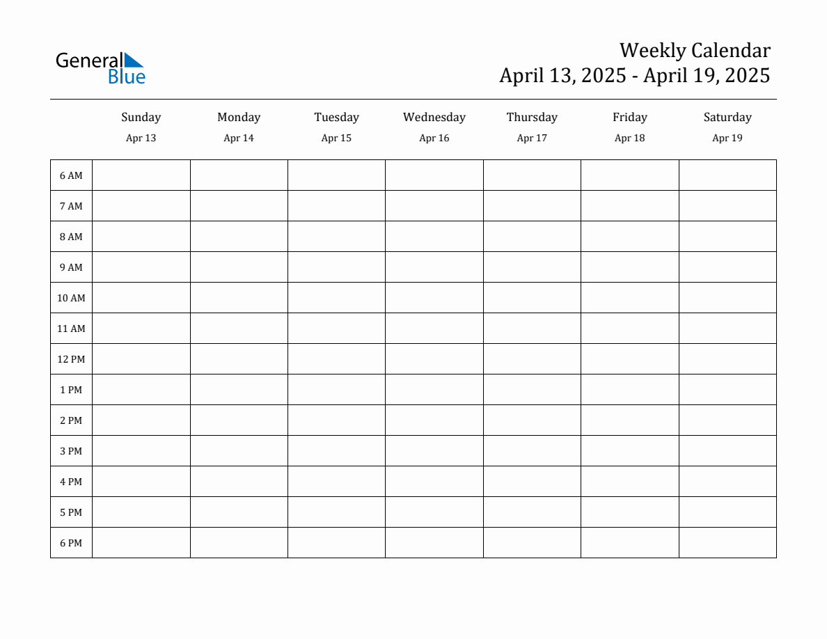 Weekly Calendar - April 13, 2025 to April 19, 2025 - (PDF, Word, Excel)