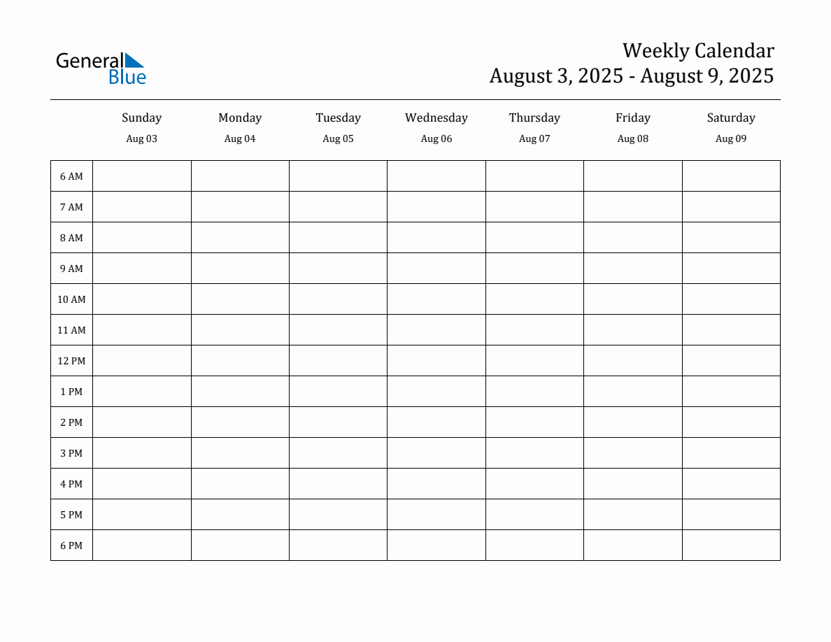 Weekly Calendar - August 3, 2025 to August 9, 2025 - (PDF, Word, Excel)