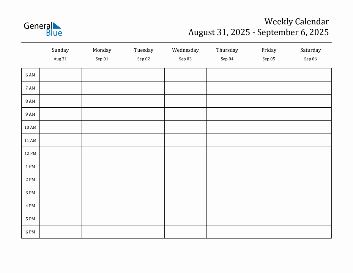 Hourly Planner Template for the Week of August 31, 2025