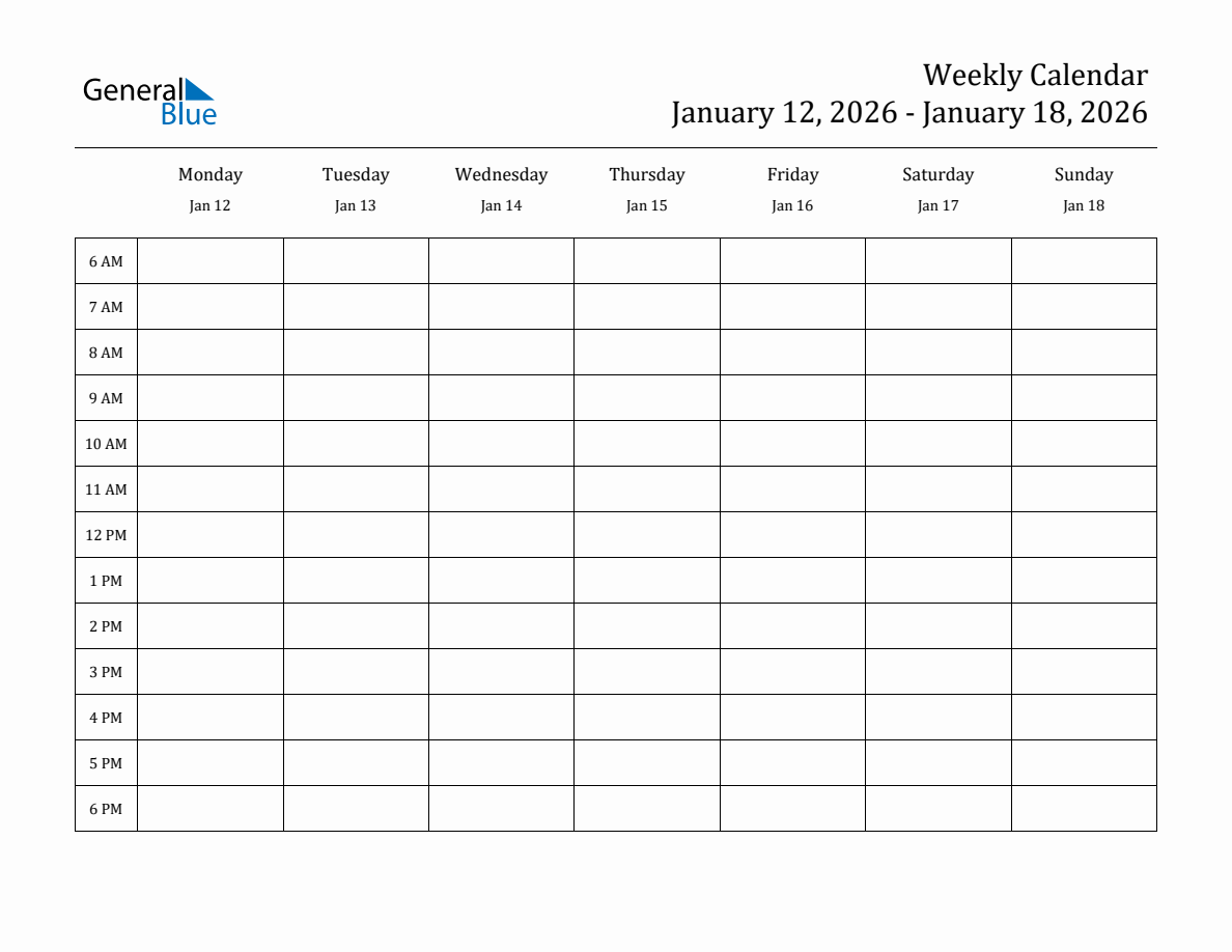 Hourly Planner Template for the Week of January 12, 2026