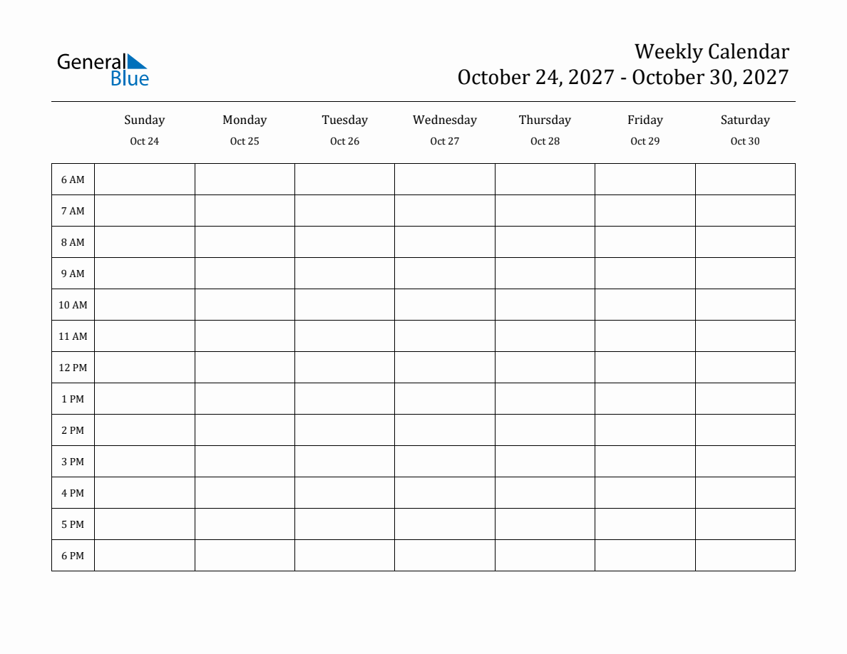 Weekly Calendar - October 24, 2027 to October 30, 2027 - (PDF, Word, Excel)