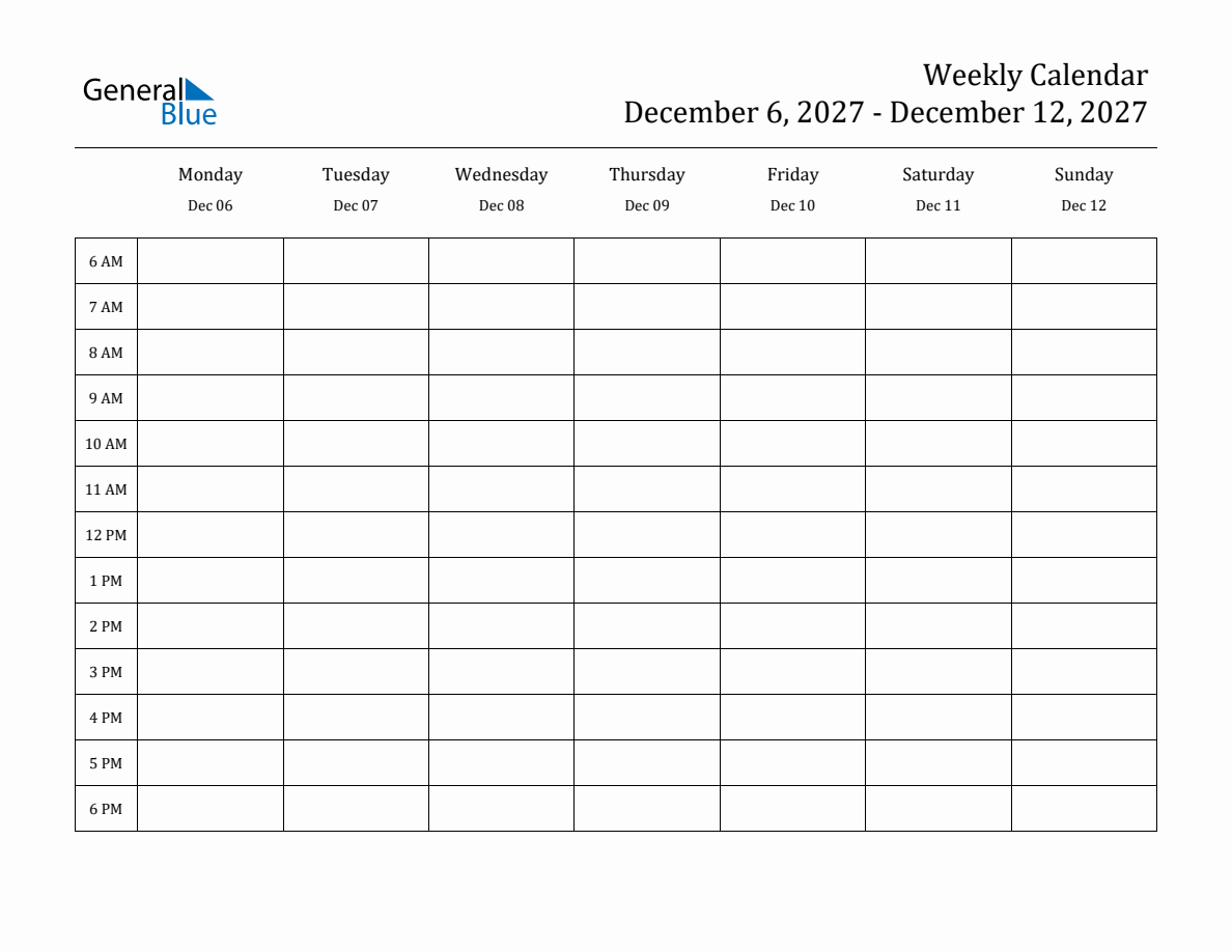 Hourly Planner Template for the Week of December 6, 2027