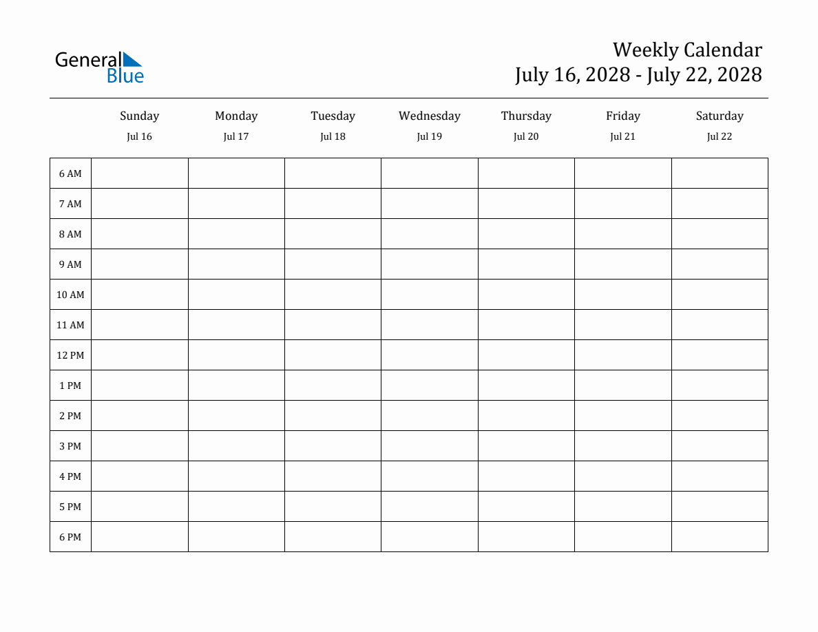 Weekly Calendar - July 16, 2028 to July 22, 2028 - (PDF, Word, Excel)
