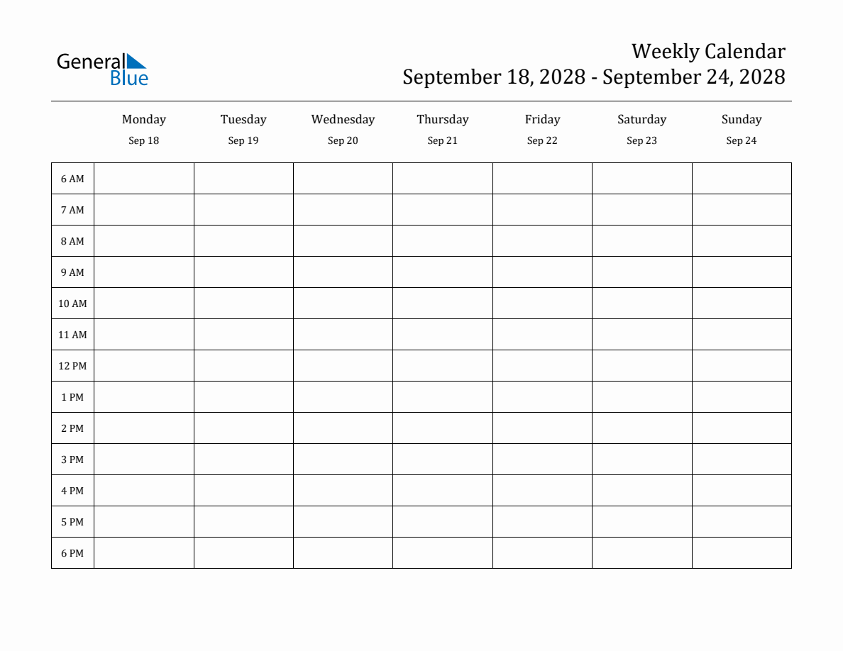 Hourly Planner Template for the Week of September 18, 2028