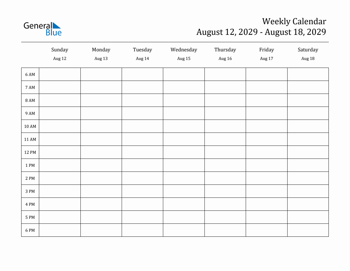 Weekly Calendar - August 12, 2029 to August 18, 2029 - (PDF, Word, Excel)