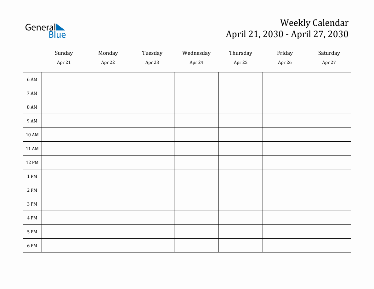 Weekly Calendar - April 21, 2030 to April 27, 2030 - (PDF, Word, Excel)