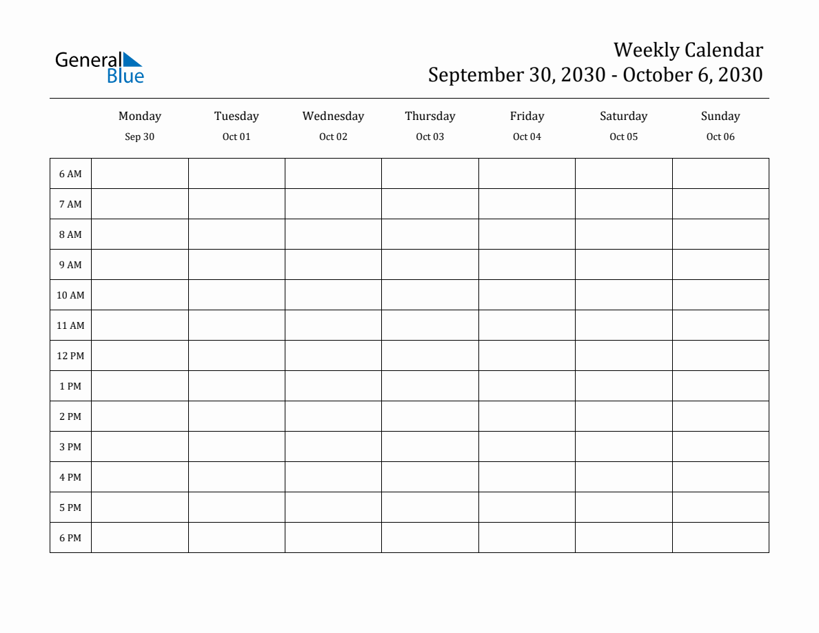 Hourly Planner Template for the Week of September 30, 2030