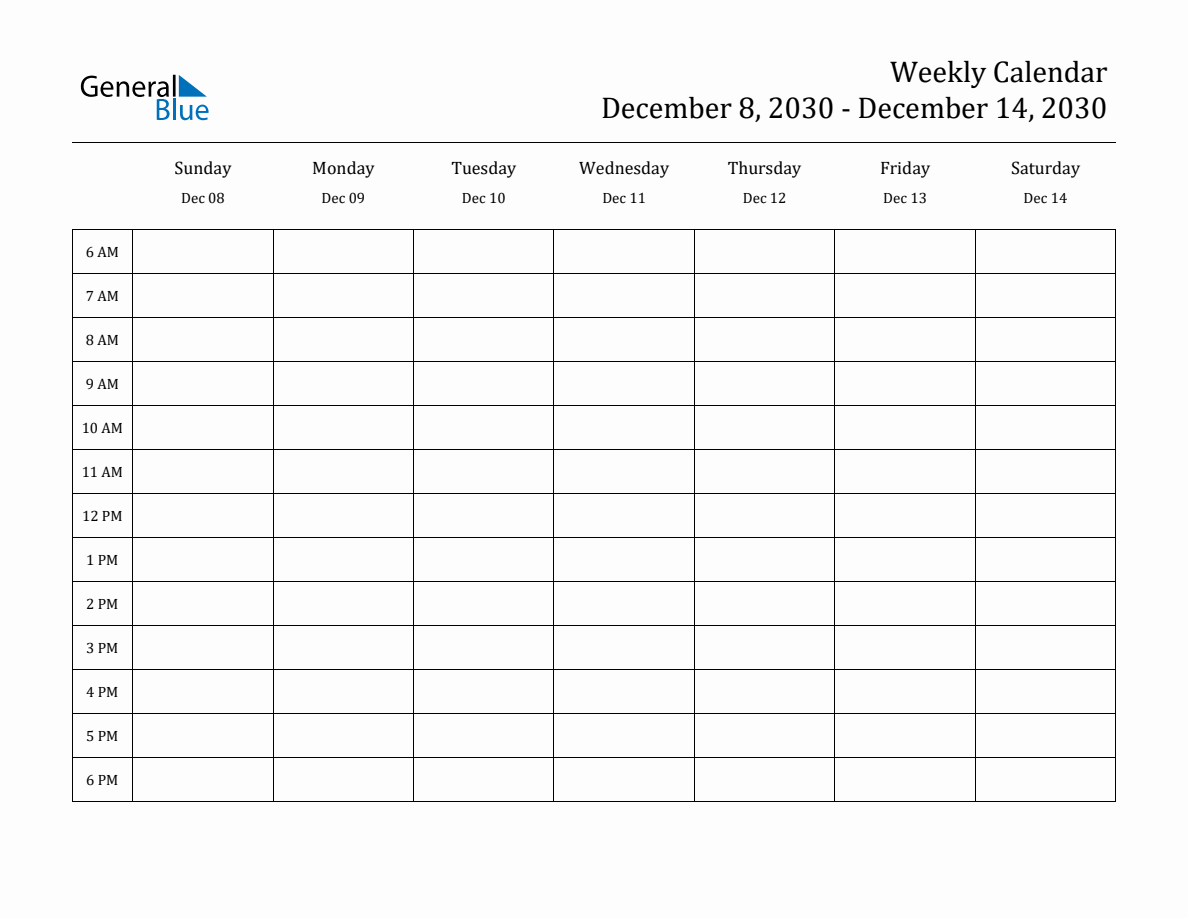 Hourly Planner Template for the Week of December 8, 2030