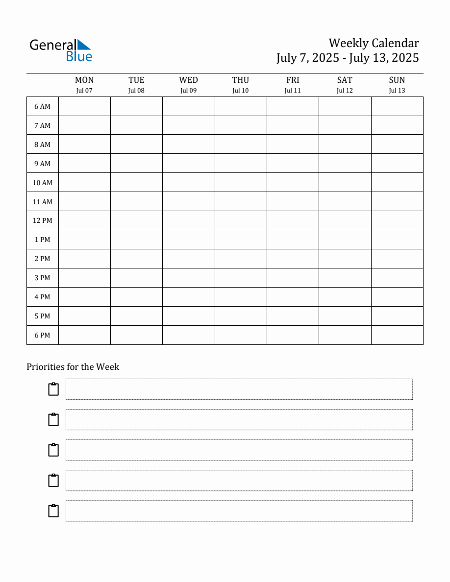 Printable Hourly Schedule Template for the Week of July 7, 2025