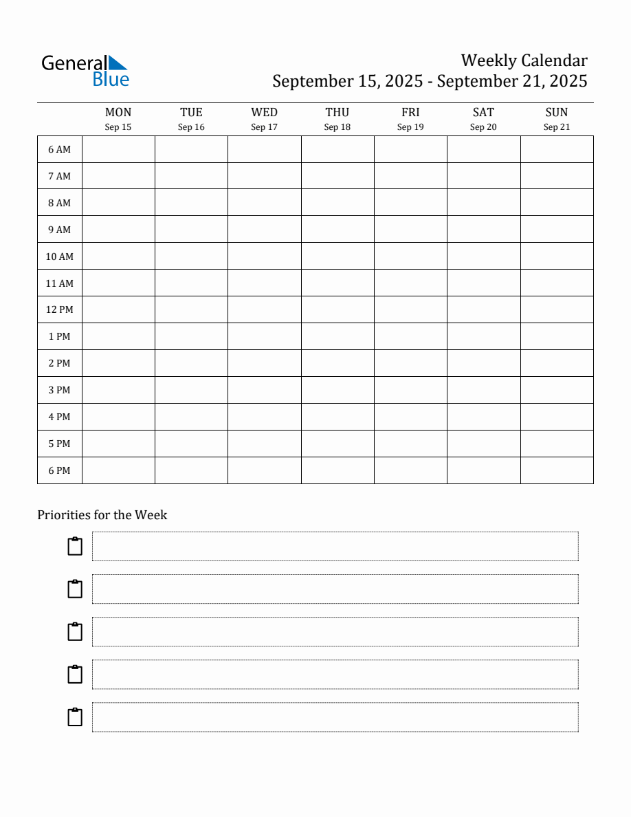 Printable Hourly Schedule Template for the Week of September 15, 2025