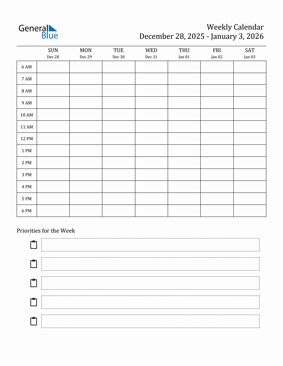 Printable Hourly Schedule Template for the Week of December 28, 2025