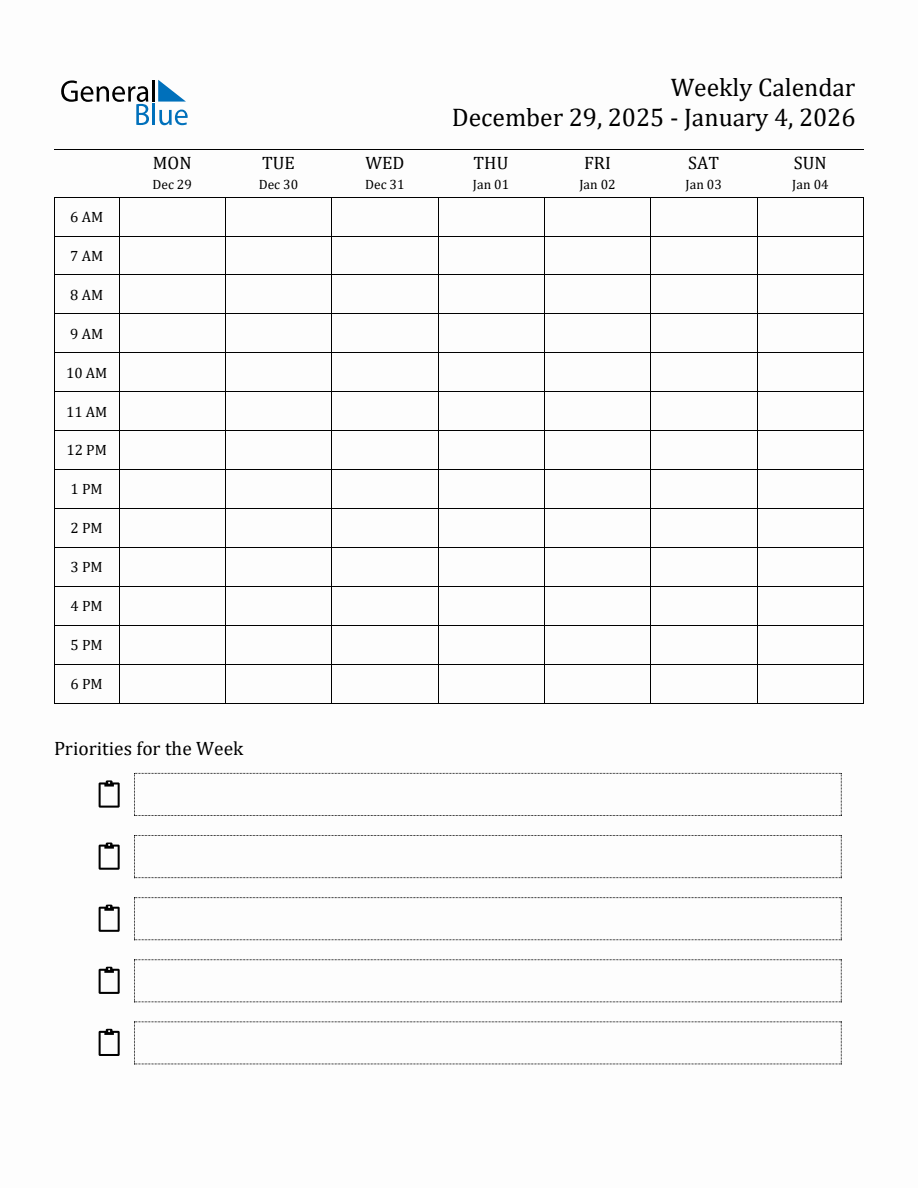 Printable Hourly Schedule Template for the Week of December 29, 2025