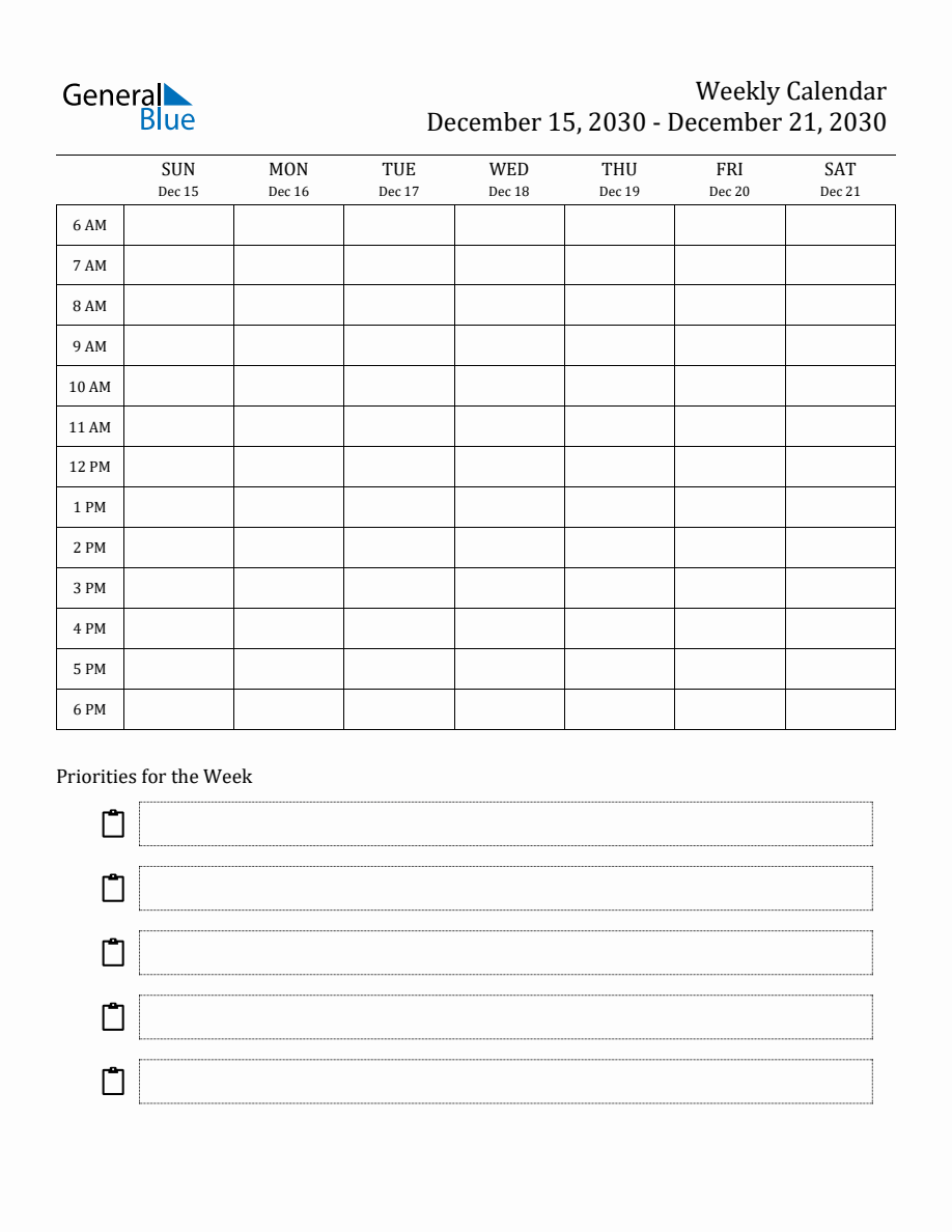 Printable Hourly Schedule Template for the Week of December 15, 2030