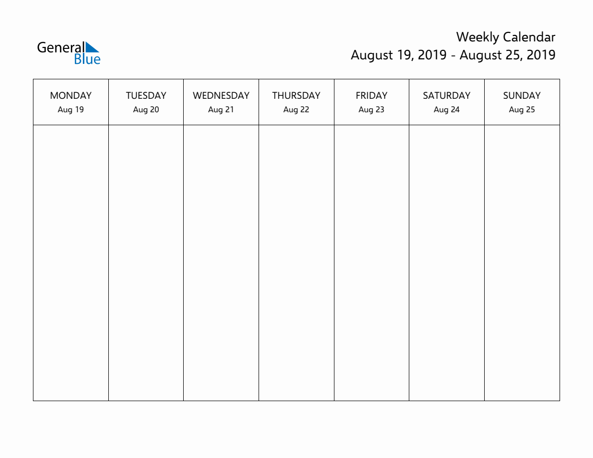 Printable Weekly Calendar for Week 34 of 2019 (Aug 19 - Aug 25)