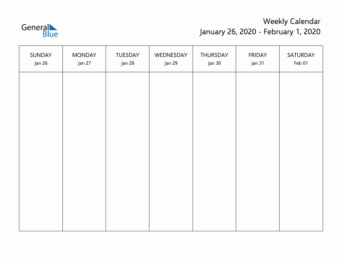 Printable Weekly Calendar for Week 5 of 2020 (Jan 26 - Feb 1)