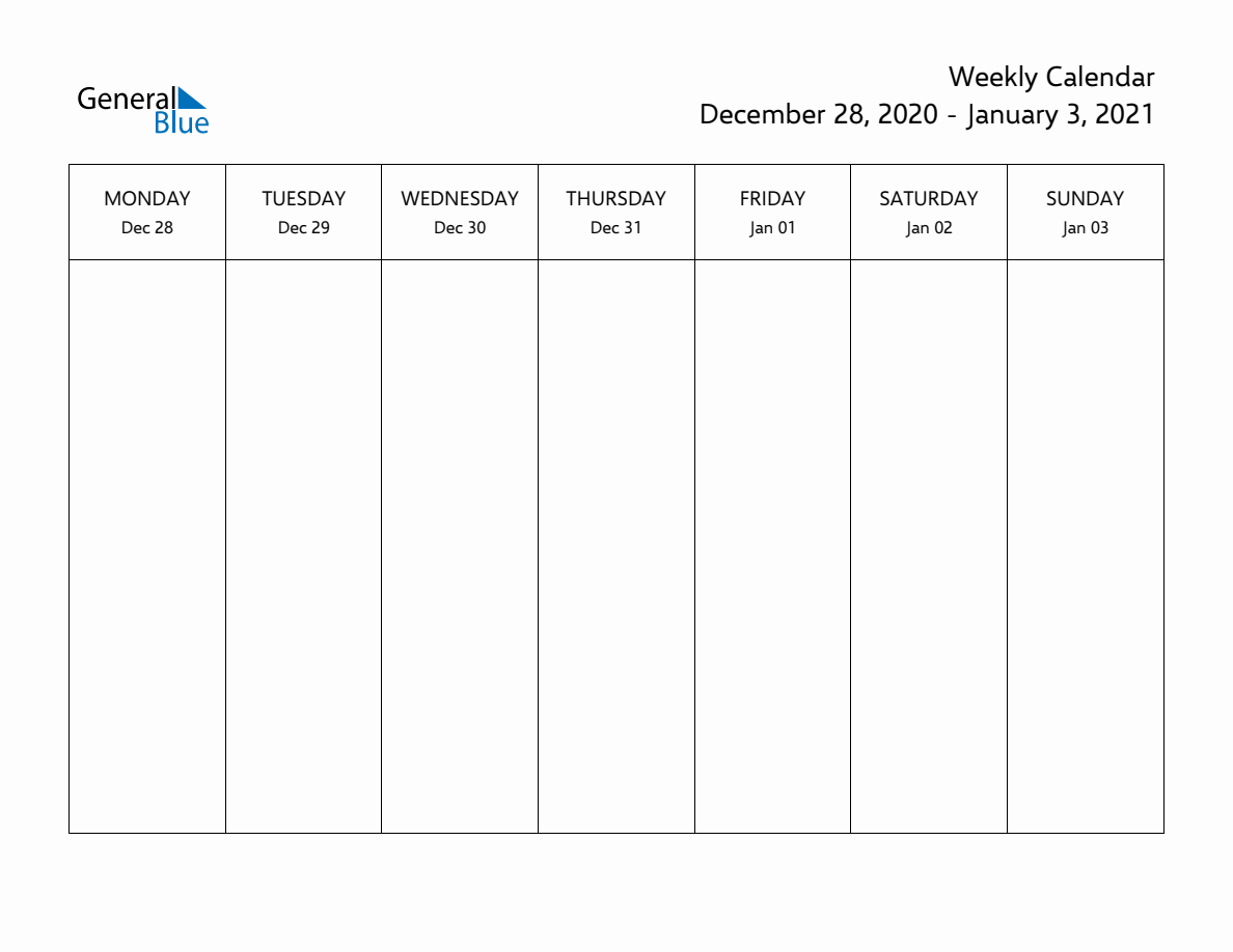 Printable Weekly Calendar for Week 53 of 2020 (Dec 28 - Jan 3)