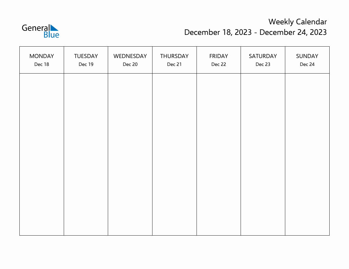 Printable Weekly Calendar for Week 51 of 2023 (Dec 18 - Dec 24)