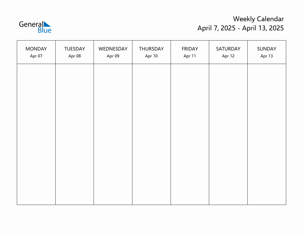 Printable Weekly Calendar for Week 15 of 2025 (Apr 7 - Apr 13)