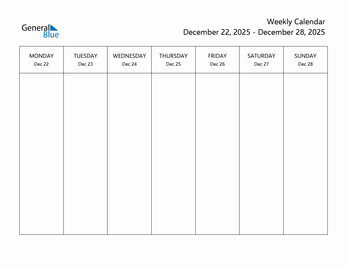Printable Weekly Calendar for Week 52 of 2025 (Dec 22 - Dec 28)