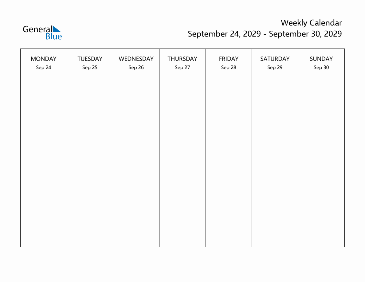 Printable Weekly Calendar for Week 39 of 2029 (Sep 24 - Sep 30)