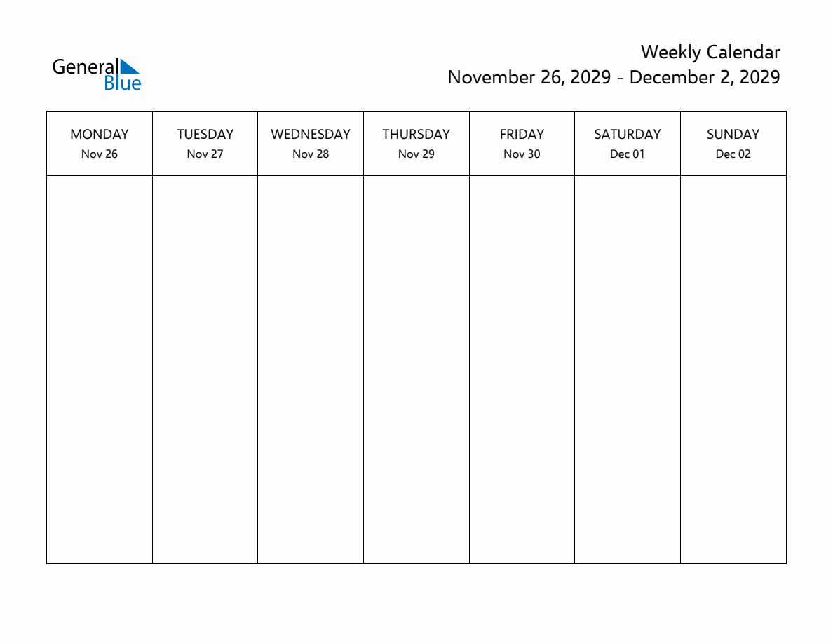 Printable Weekly Calendar for Week 48 of 2029 (Nov 26 - Dec 2)