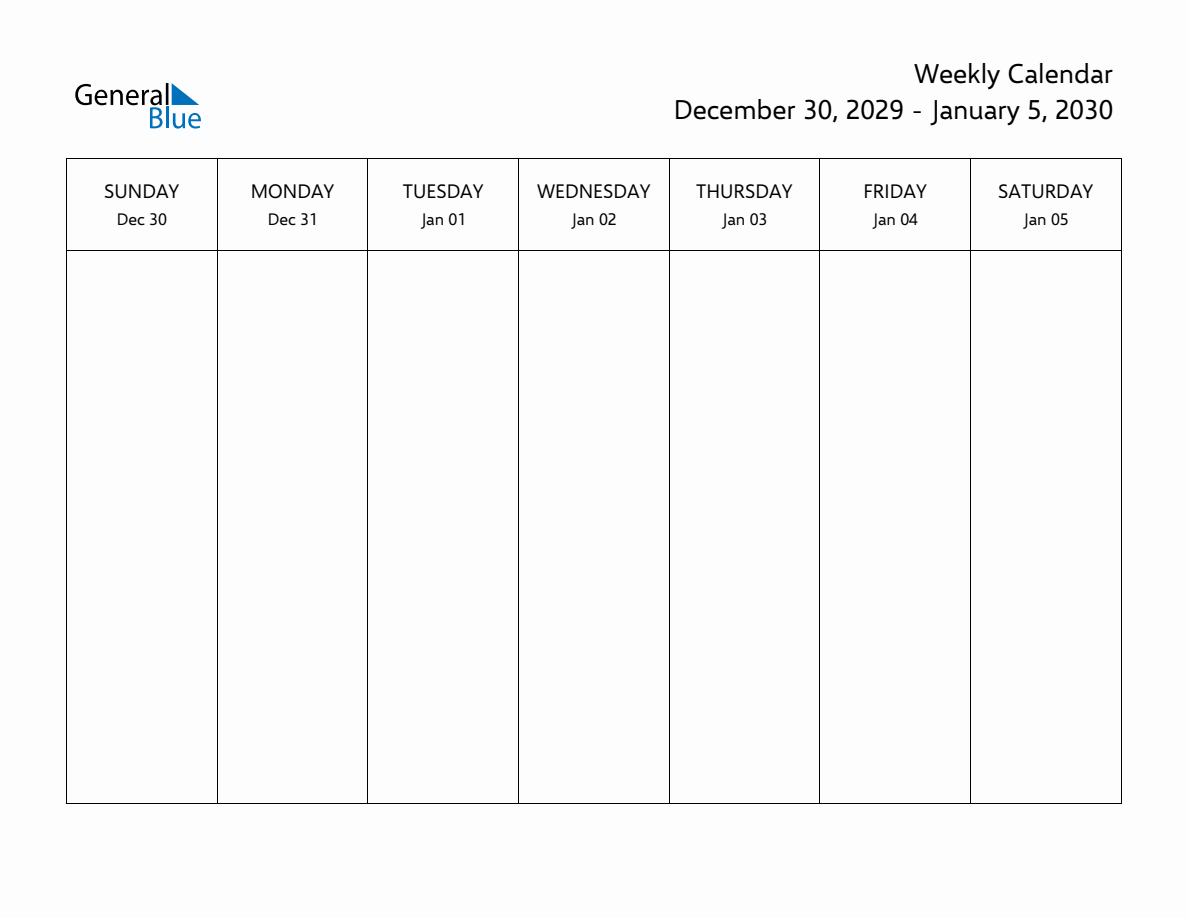 Printable Weekly Calendar for Week 1 of 2030 (Dec 30 - Jan 5)