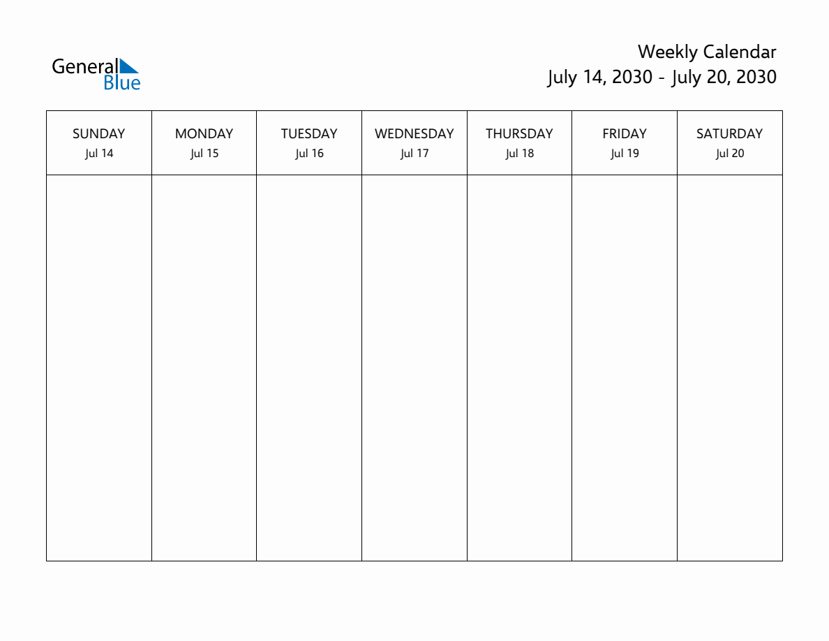 Printable Weekly Calendar for Week 29 of 2030 (Jul 14 - Jul 20)