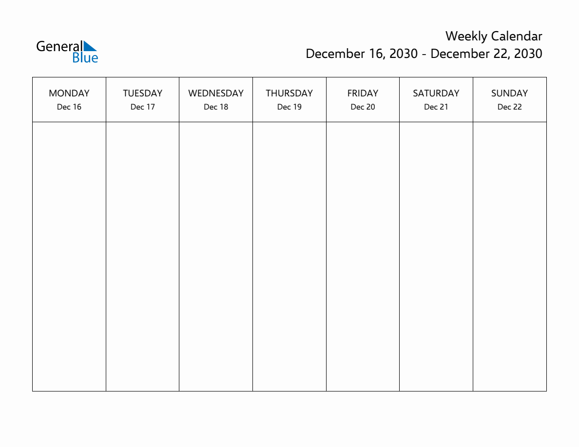 Printable Weekly Calendar for Week 51 of 2030 (Dec 16 - Dec 22)
