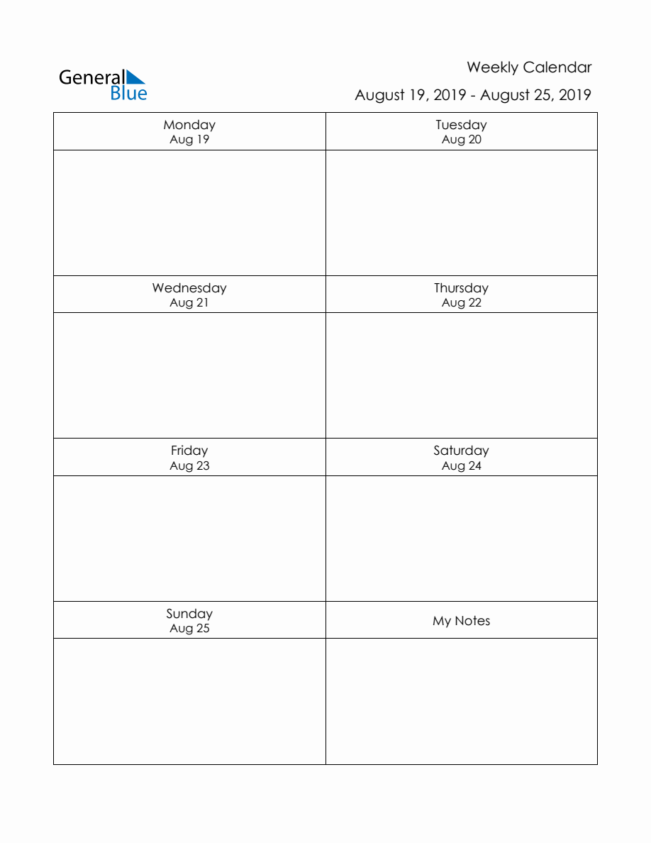 Printable Weekly Planner Template (August 19 to August 25, 2019)