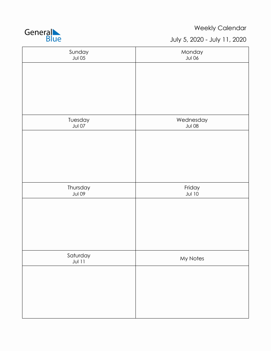 Printable Weekly Planner Template (July 5 to July 11, 2020)
