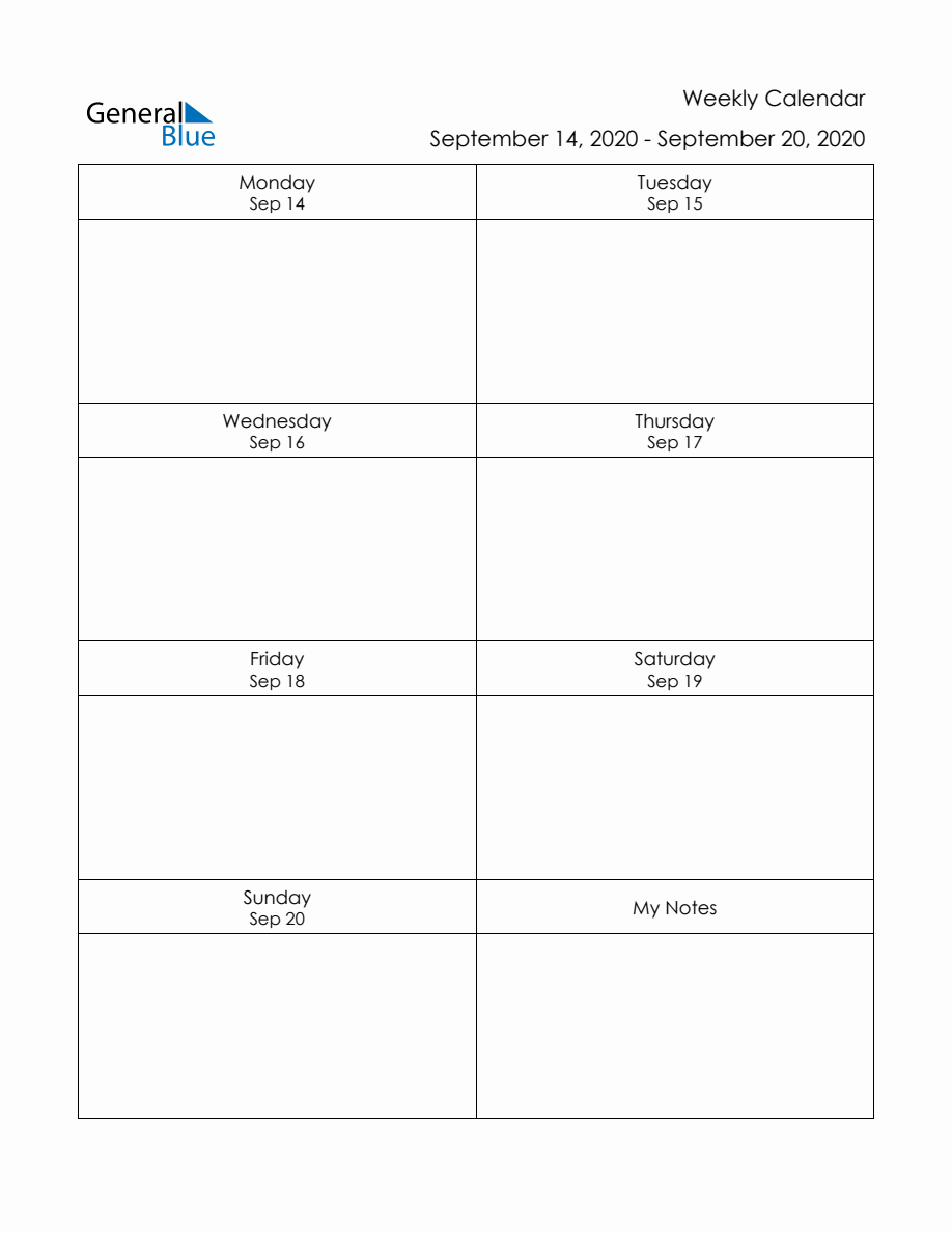 Printable Weekly Planner Template (September 14 to September 20, 2020)
