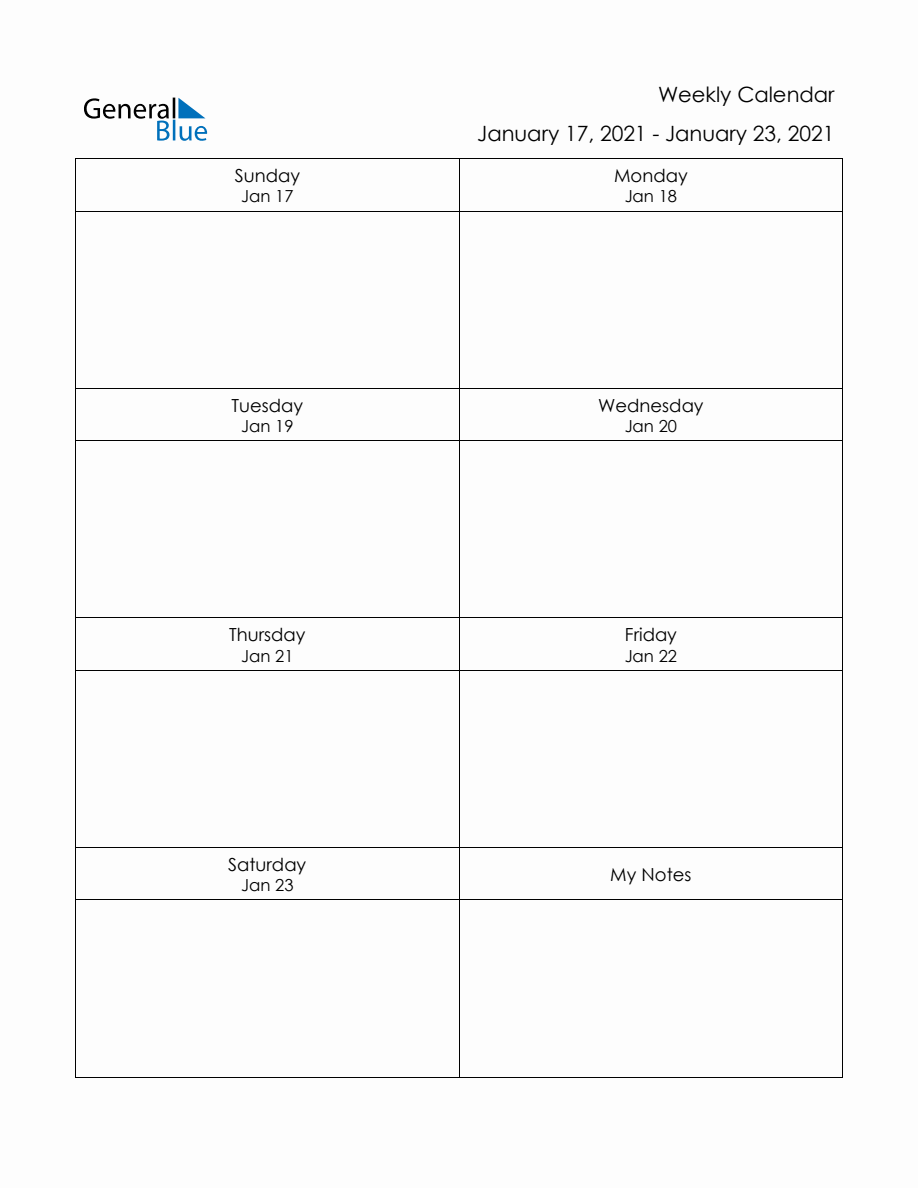 Printable Weekly Planner Template (January 17 to January 23, 2021)