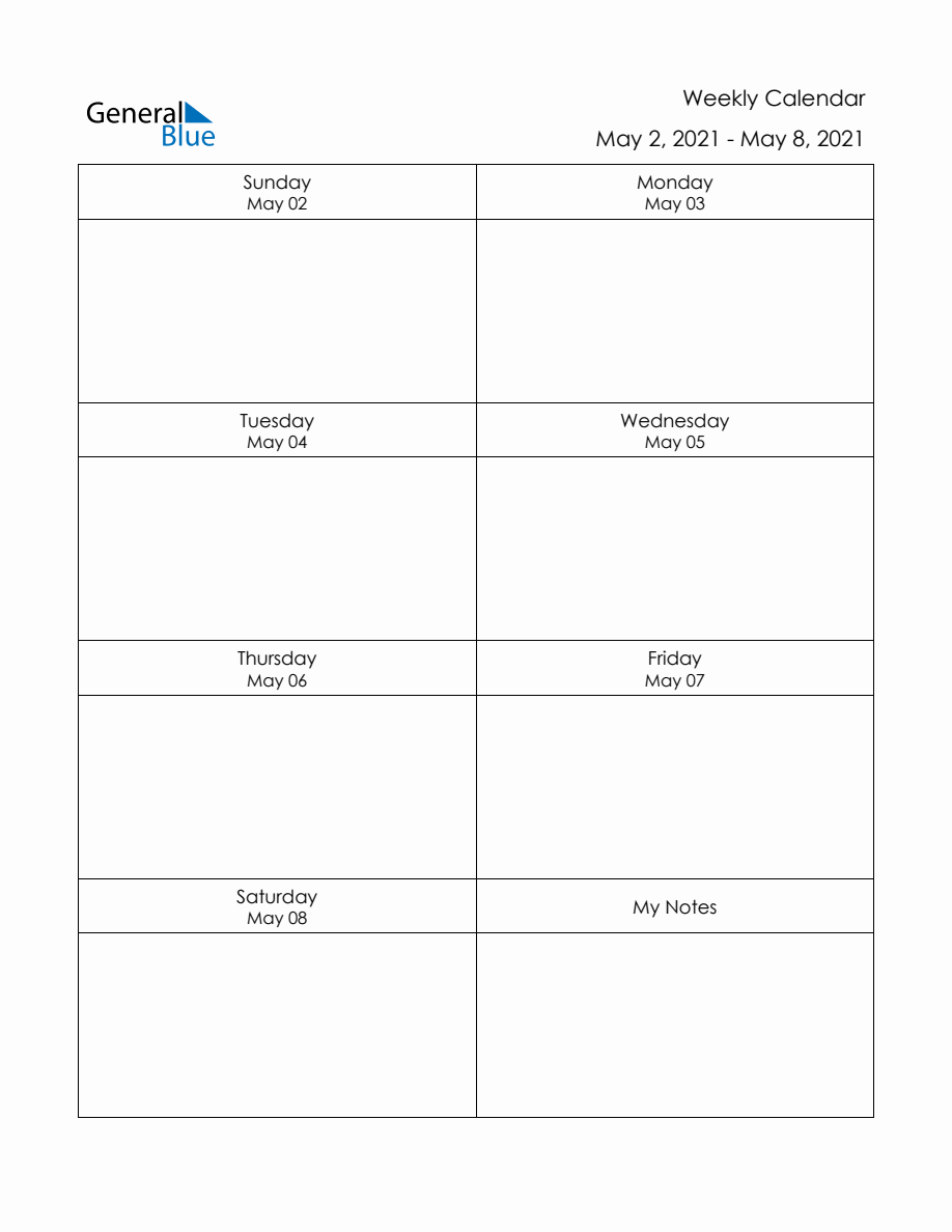 Printable Weekly Planner Template (May 2 to May 8, 2021)