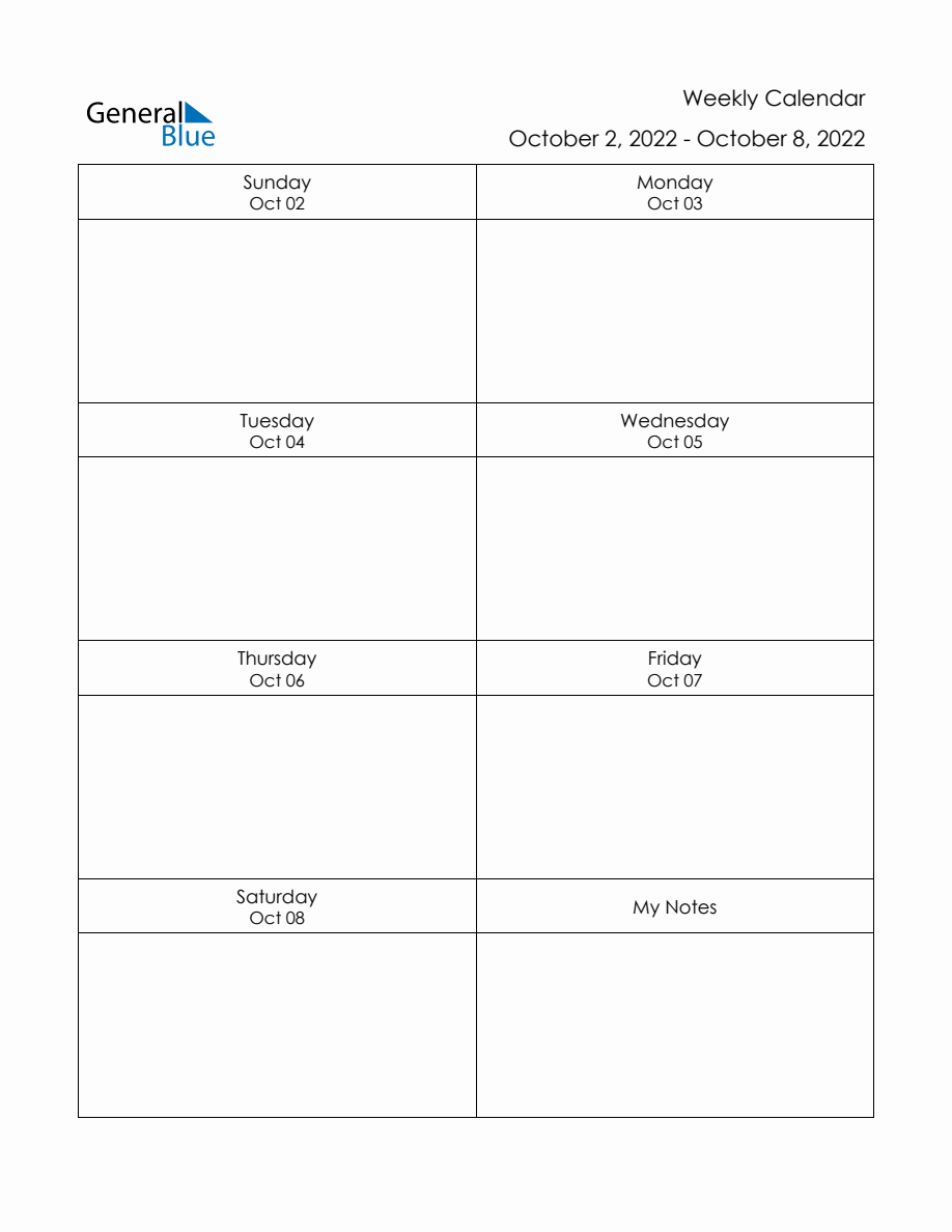 Printable Weekly Planner Template (October 2 to October 8, 2022)